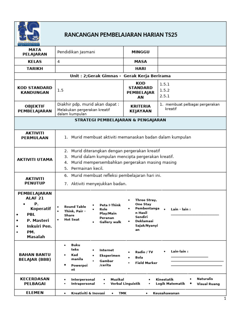 RPH PJ Tahun 4 Unit 2 Gerak Kreatif Bertema Rancak Bergaya Pergerakan Kreatif | PDF