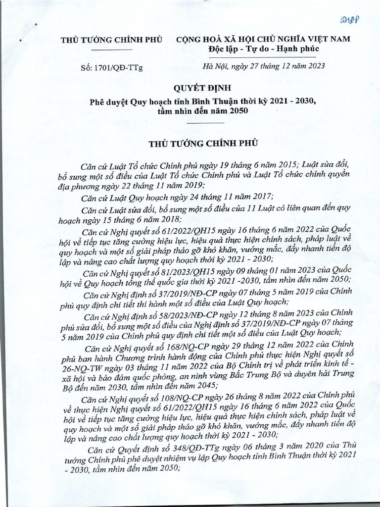 2023-12-1701-TTg-QD Phe Duyet QH Tinh BT Thoi Ky 21 30 Tam Nhin Den 2050 | PDF