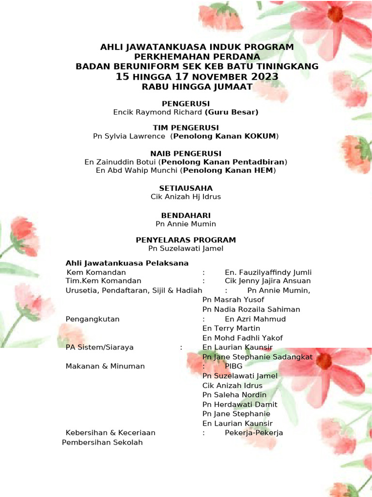 Ahli Jawatankuasa Induk Program Perkhemahan Perdana Badan Beruniform | PDF