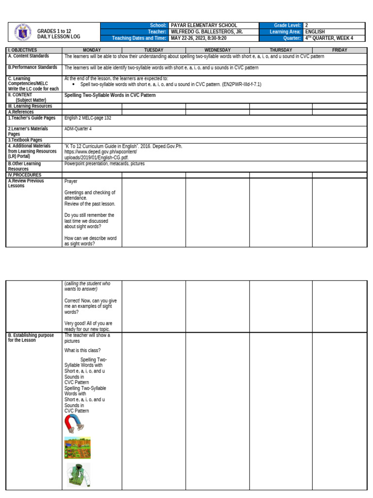 GRADE-2-DLL-Q4-WEEK-4 | PDF | Syllable | Consonant