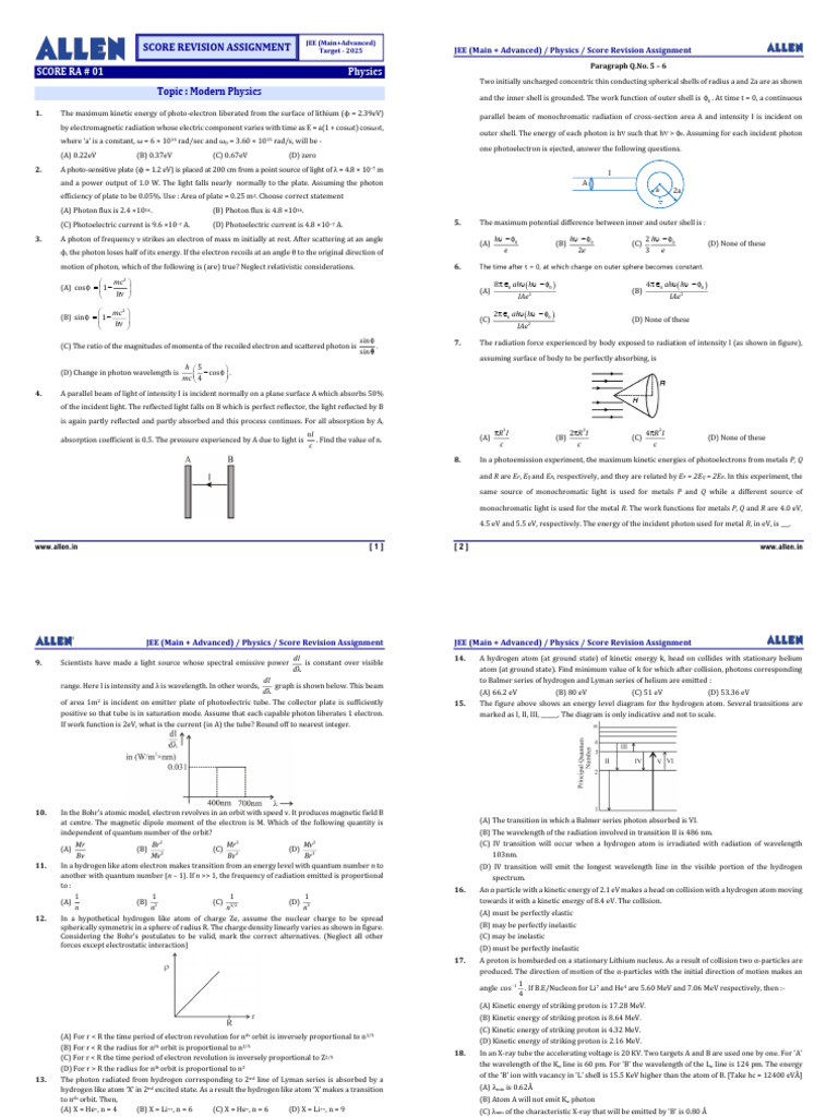Score Revision Assignment 01-Modern Physics | PDF | Atoms | Photoelectric Effect