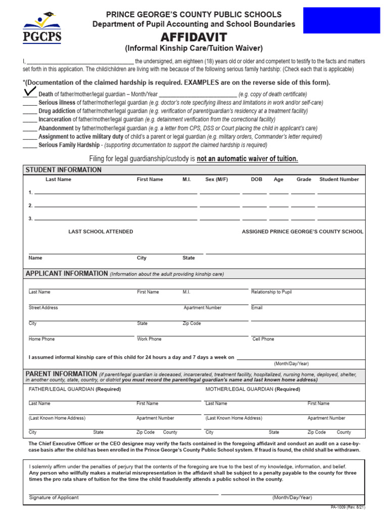 Affidavit of Kinship Care Tuition Waiver Form Pa 1009 | PDF | Legal ...