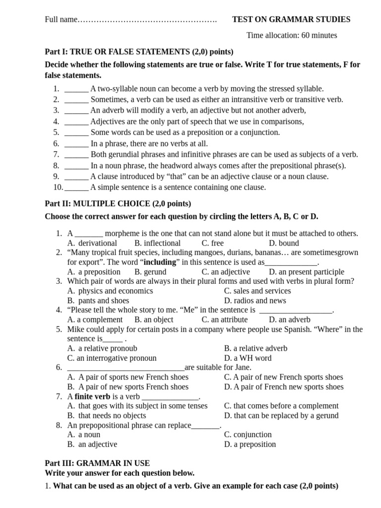 Grammar Test for Language Students | PDF | Verb | Adjective