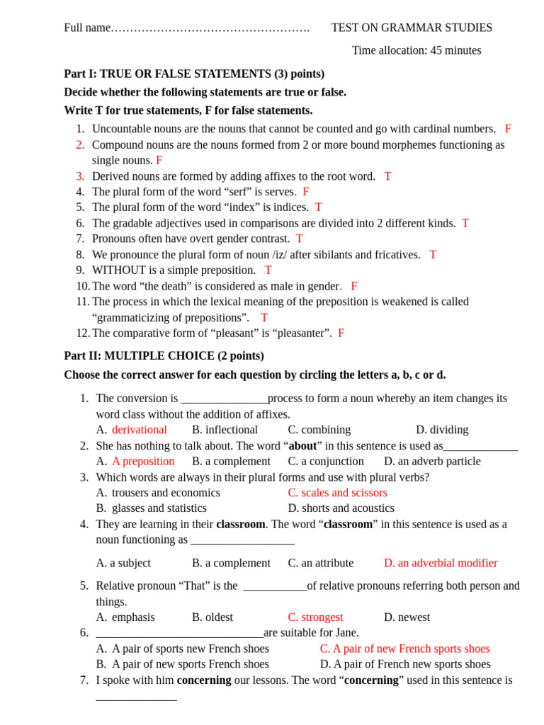 Grammar Studies Test A 2024 | PDF | Adjective | Word