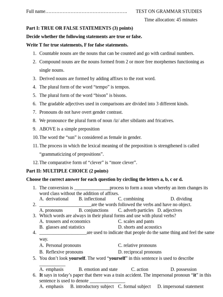 Grammar Studies Test B 2024 | PDF | Word | Pronoun