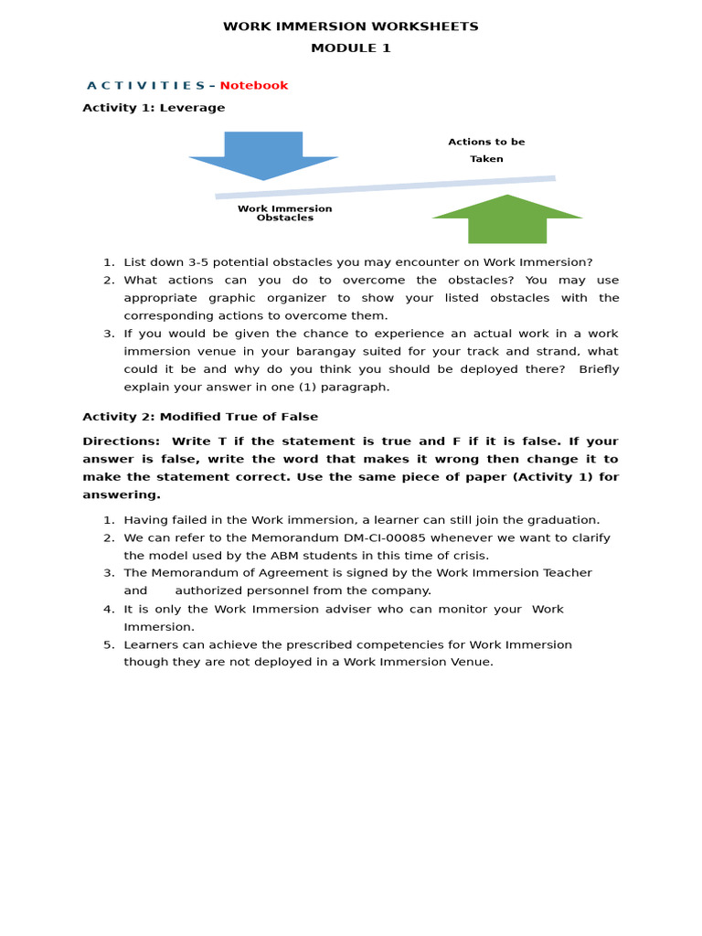 Work Immersion Module 2 - Worksheet | PDF | Learning