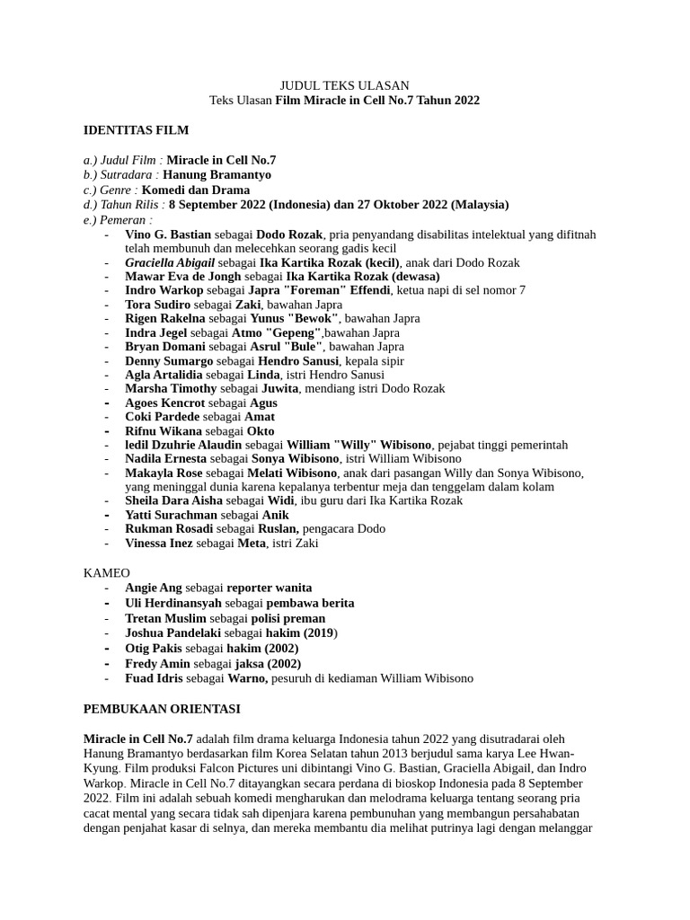 Miracle in Cell No.7: Drama Keluarga Penuh Haru | PDF