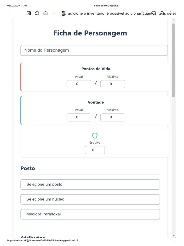 Ficha de RPG Editável | PDF