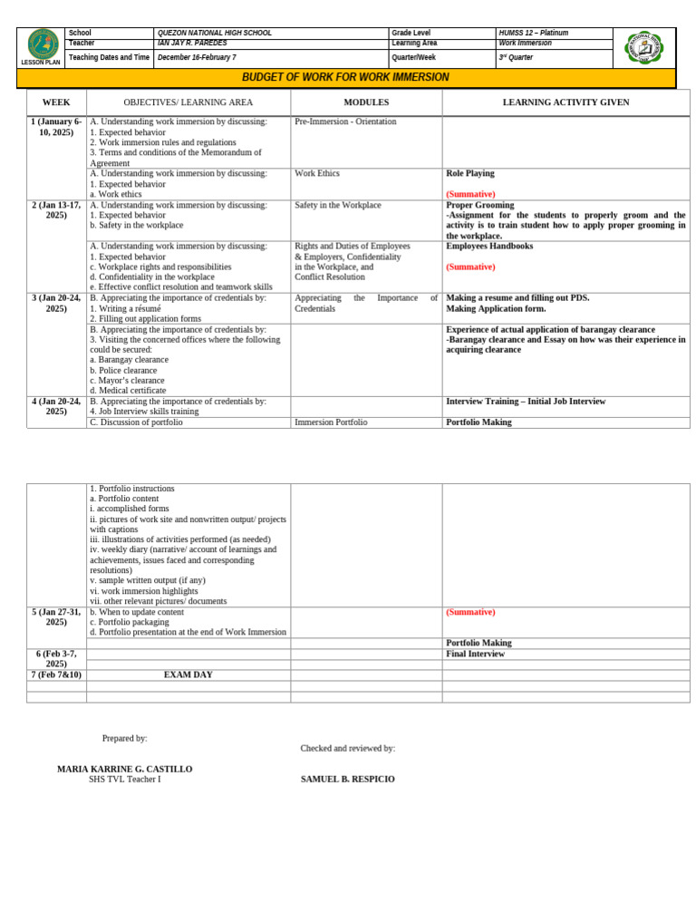 Work Immersion - BUDGET - 3rd Quarter | PDF