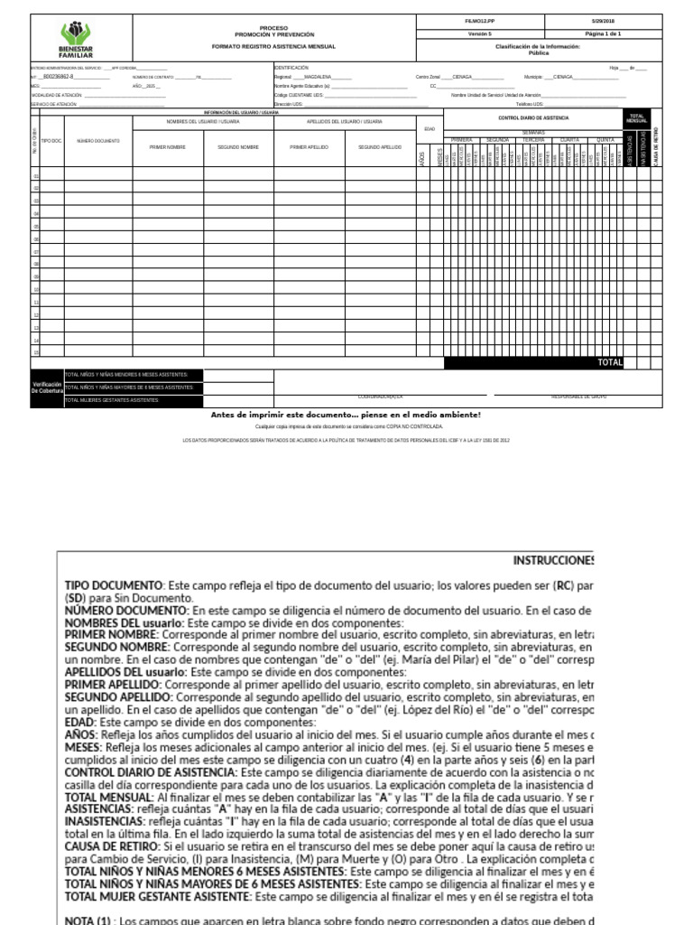 Registro Mensual Asistencia ICBF | PDF