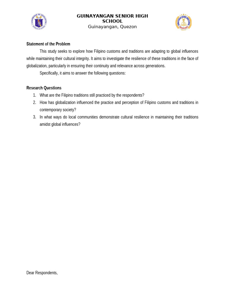 Research Instrument - Filipino Traditions | PDF | Philippines