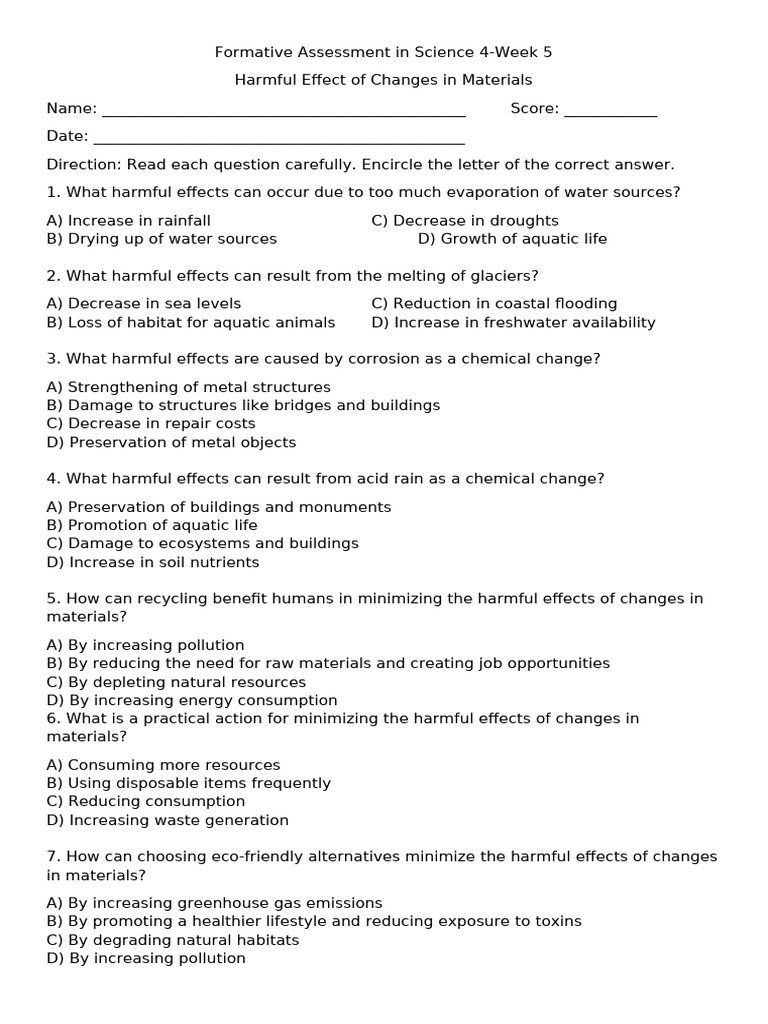 Science Quiz on Material Changes | PDF | Pollution | Aquatic Ecosystem