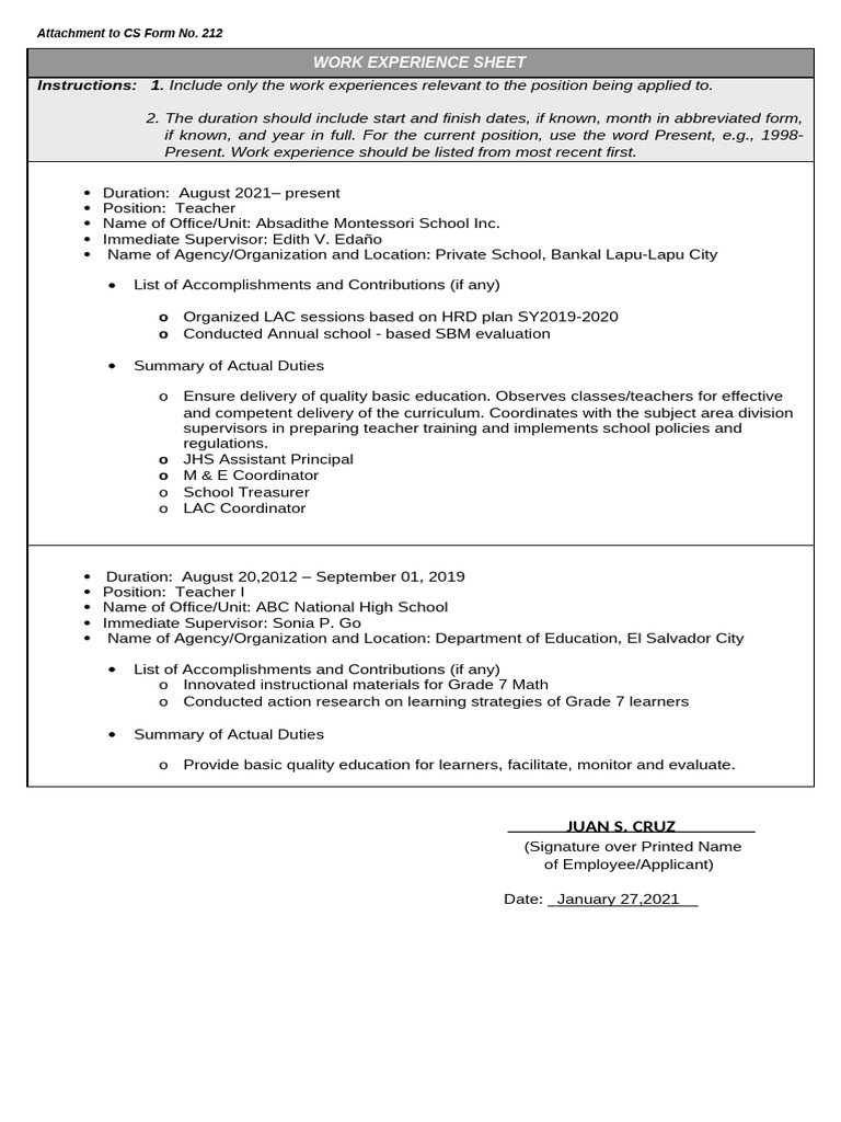 CS Form No. 212 Attachment Work Experience Sheet Sample | PDF ...