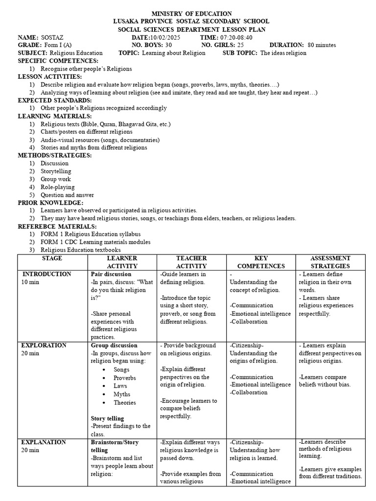 Form 1 Re Lesson Plan Format | PDF | Learning | Lesson Plan