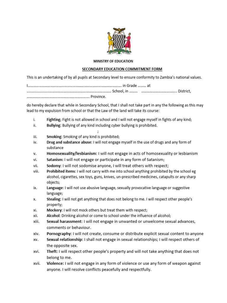 Ministry of Education - Commitment Form PDF | PDF | Sexual Harassment | Violence