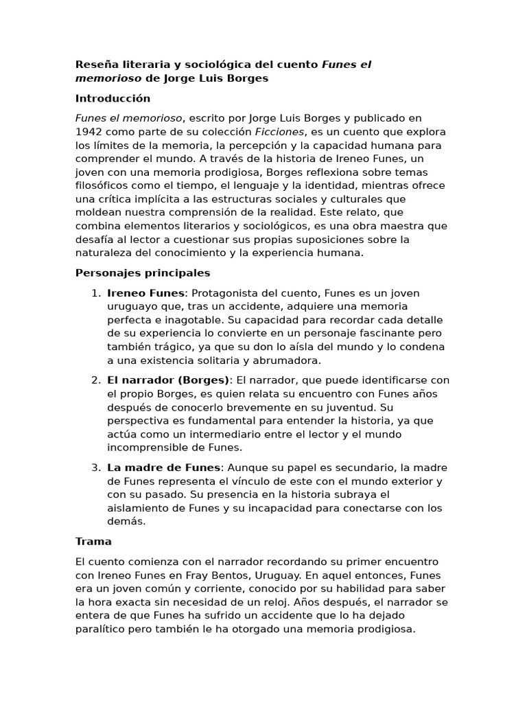 Reseña Cuento Borges Funes El Memorioso | PDF | Memoria | Educación en ...