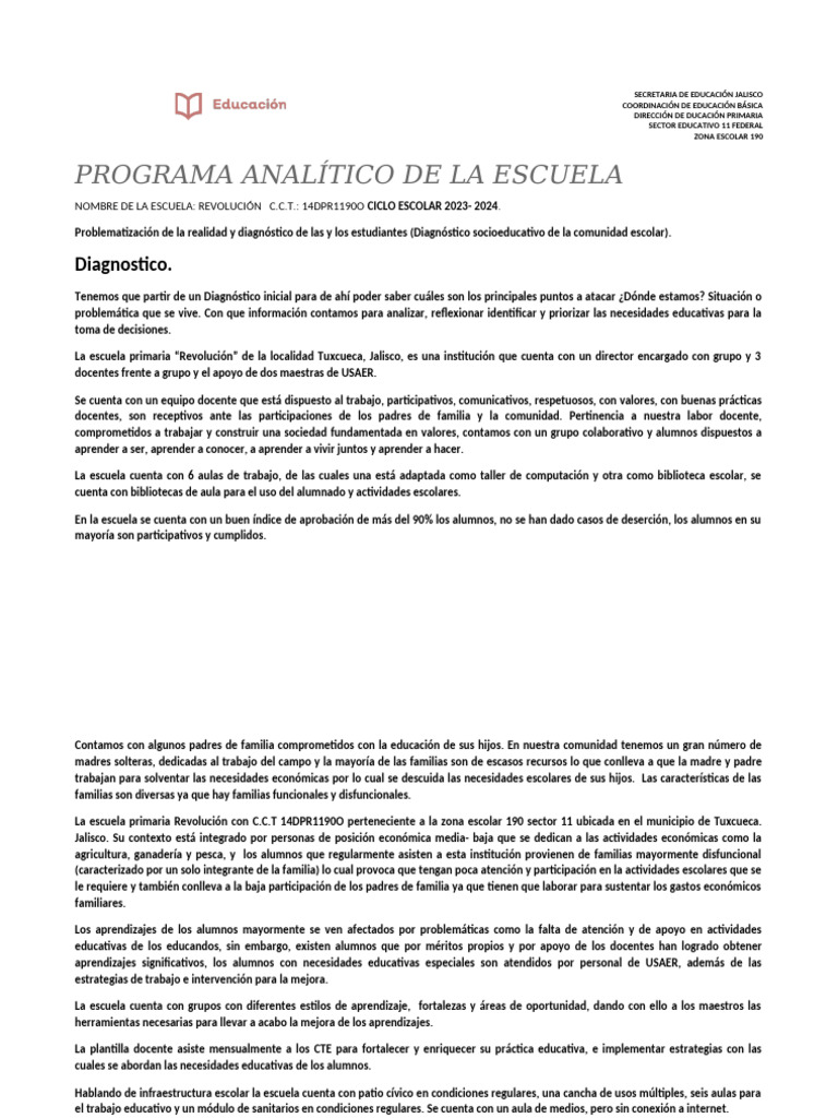 Programa Analítico de Escuela Formato | PDF | Educación primaria | Escuelas