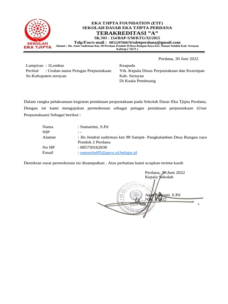 Surat Pengajuan Petugas Perpus | PDF