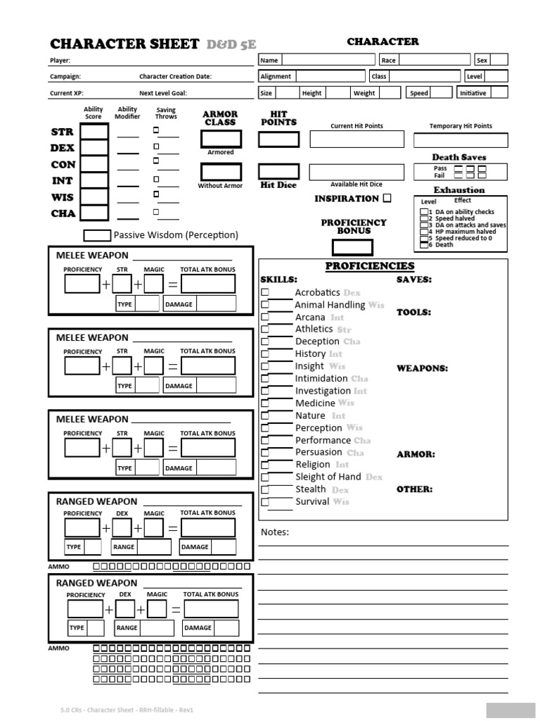 5 0 Crs Character Sheet RRH Fillable Rev1 | PDF | Gaming | Tabletop Games