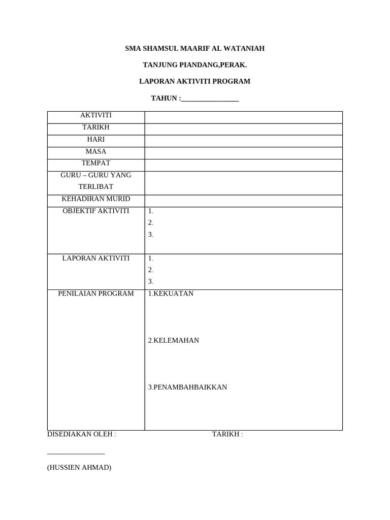 Borang Laporan Aktiviti Program | PDF