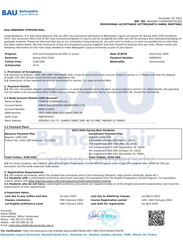 2023-2024 - 2 - Conditional - Acceptance - BERNARD STEPHAN - NGA | PDF | Tuition Payments