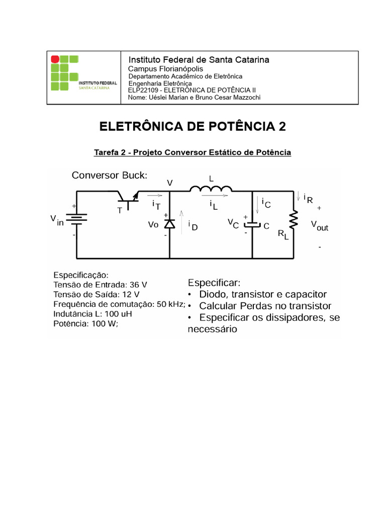 Tarefa 2 - Projeto Conversor Estático de Potência | PDF