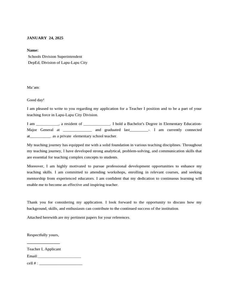 Sampleapplication Letter For Teacher I Position | PDF