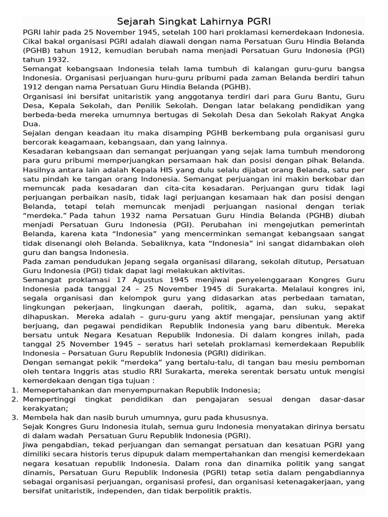 Sejarah Singkat Lahirnya PGRI | PDF
