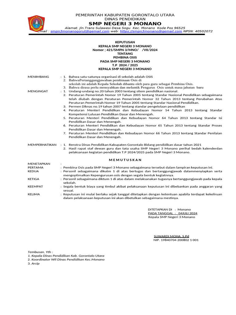 Keputusan Pembina OSIS SMPN 3 Monano | PDF