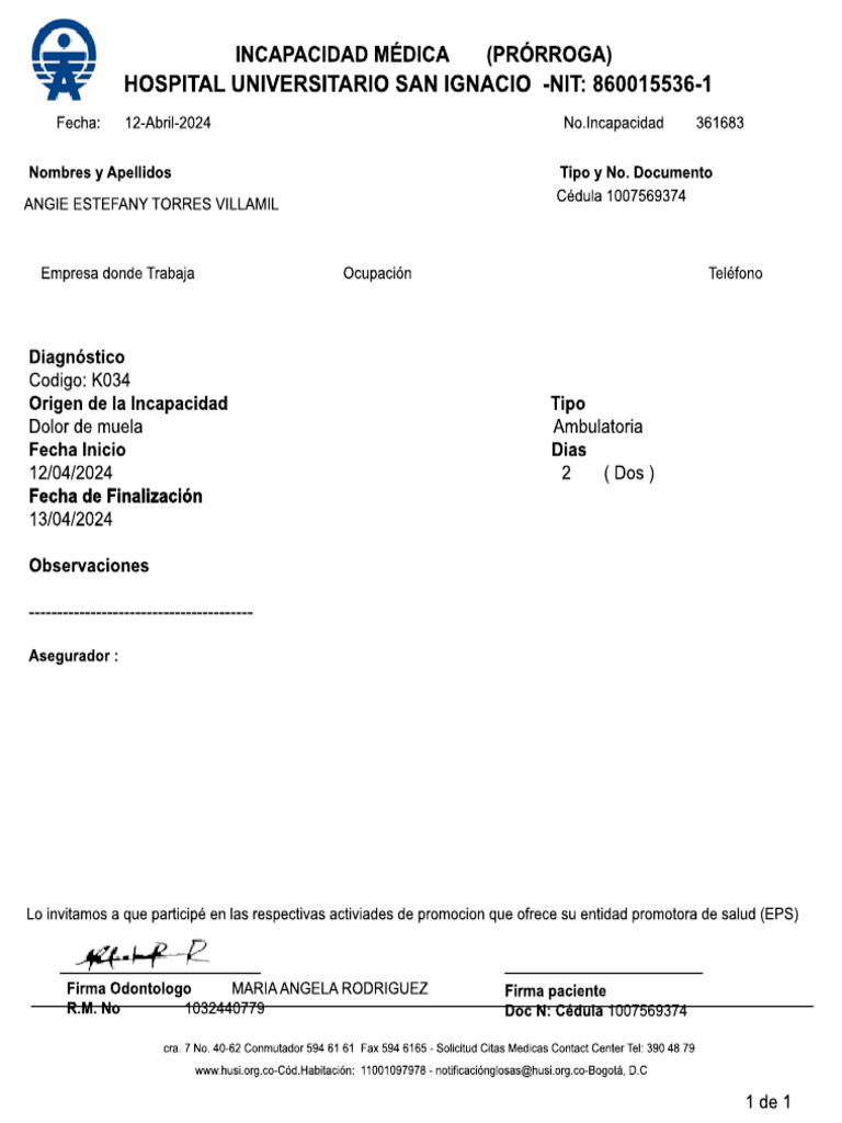 Incapacidad Hospital U San Ignacio - Angie | PDF