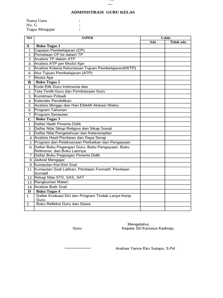 Checklist-Administrasi-Guru-Kelas KURMER | PDF