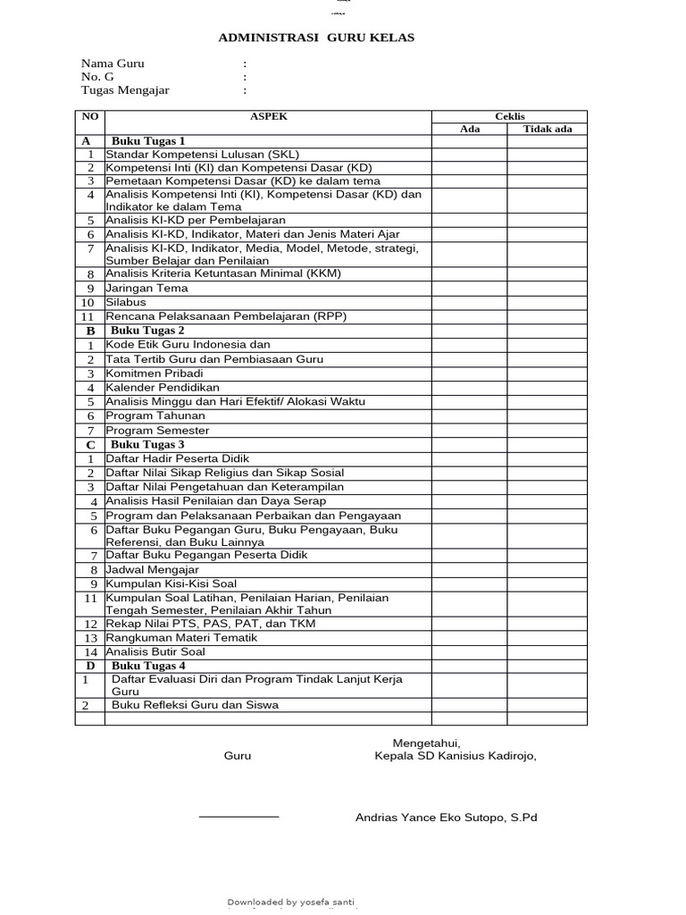 Checklist Administrasi Guru Kelas | PDF