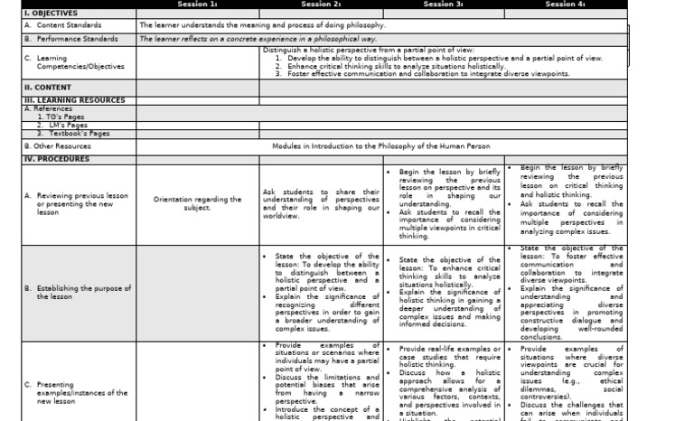 Grade 12 Philosophy Lesson Plan | PDF | Learning | Holism