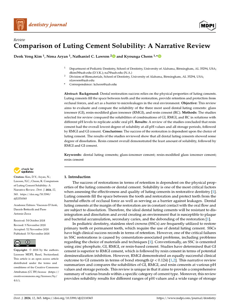 Comparison of Luting Cement Solubility A Narrative Review. | PDF ...