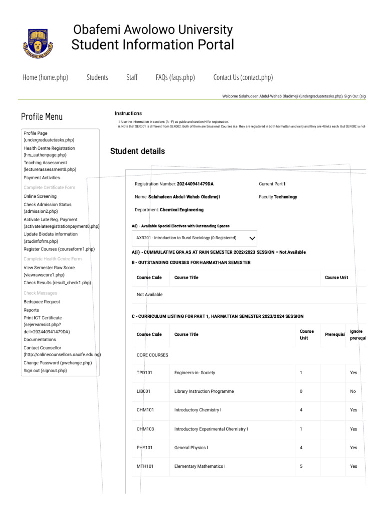 Obafemi Awolowo University - Course Registration Form | PDF