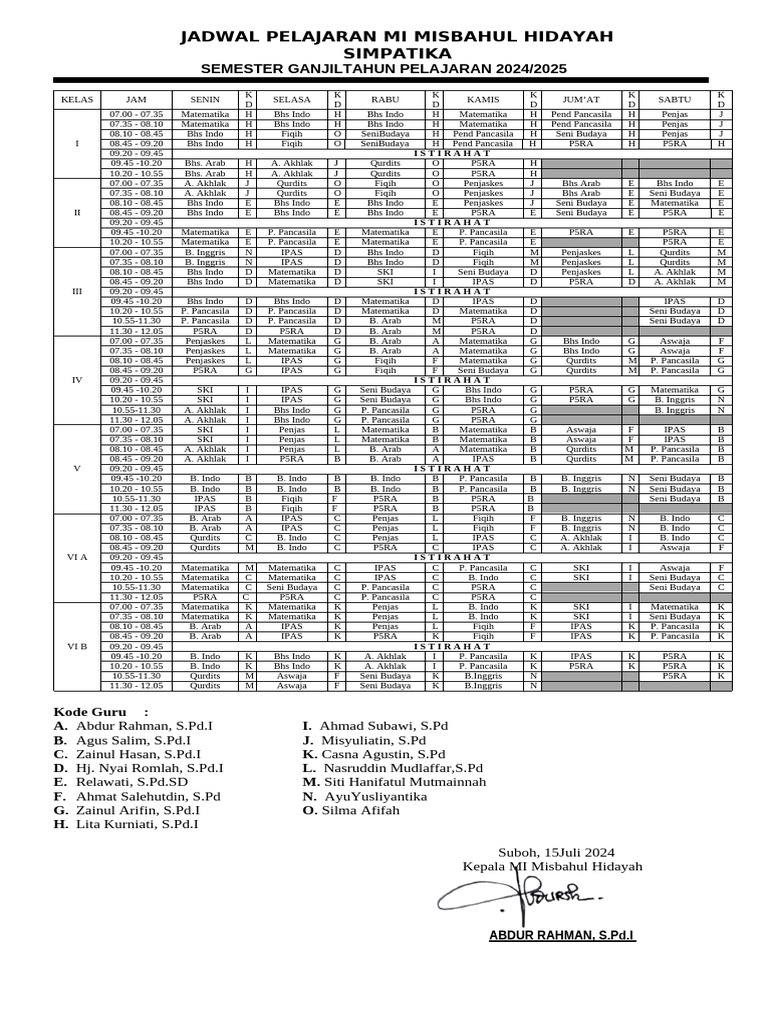 Jadwal Pelajaran 2024-2025 Simpatika | PDF