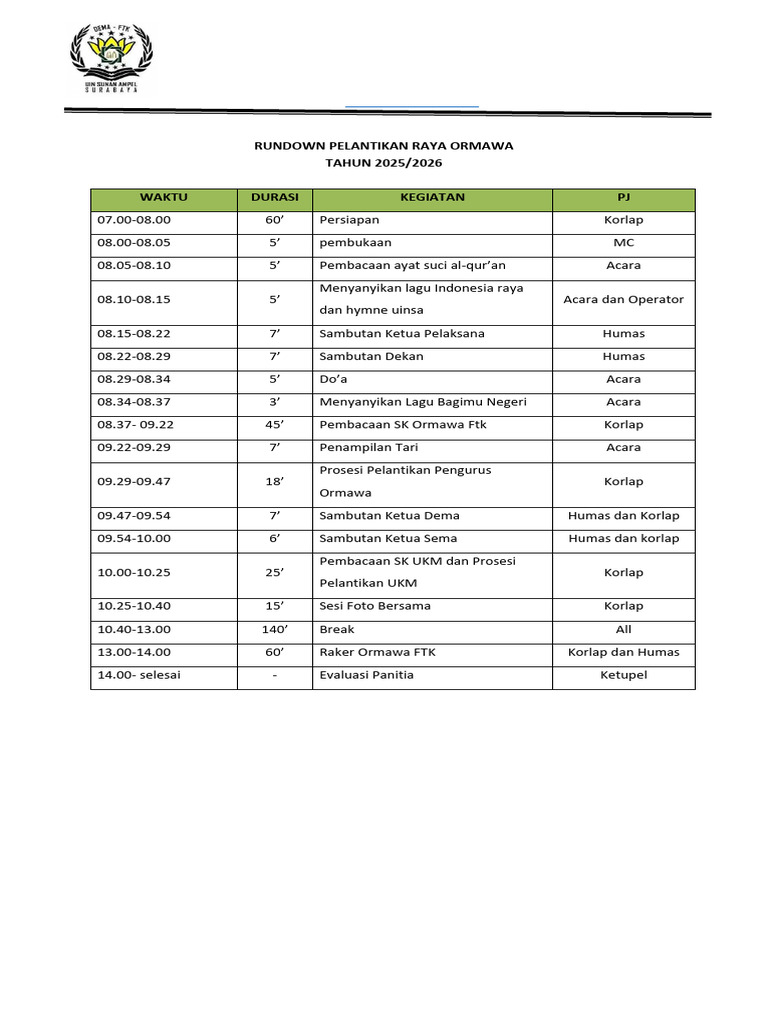 Rundown Pelantikan Raya Ormawa Ftk 2025 | PDF