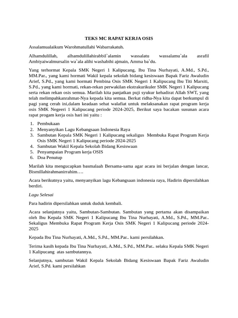 Teks MC Rapat Kerja Osis | PDF