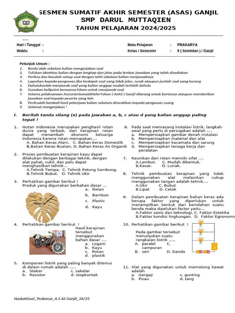 Soal SAS GANJIL Prakarya Kelas 9 | PDF