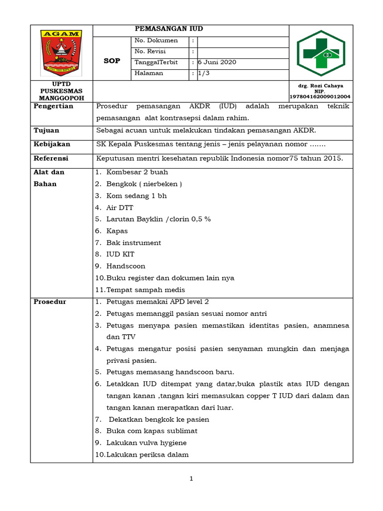 SOP Pemasangan IUD OK | PDF