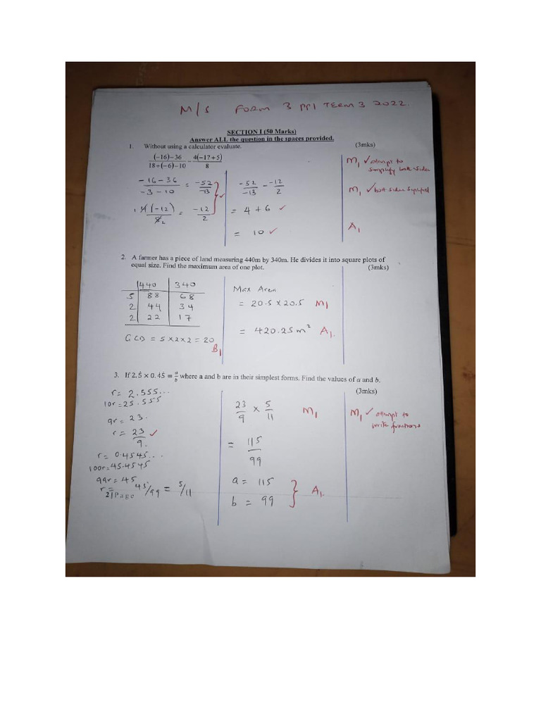 FORM THREE P1 MS_1650568273 | PDF