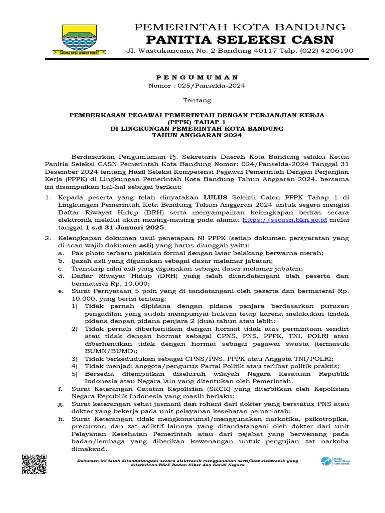 Pengumuman Pemberkasan PPPK Tahap 1 T.A 2024 | PDF