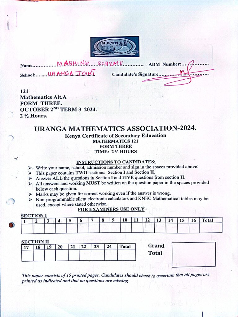 Form Three PP2 Marking Scheme - 1729015467 | PDF