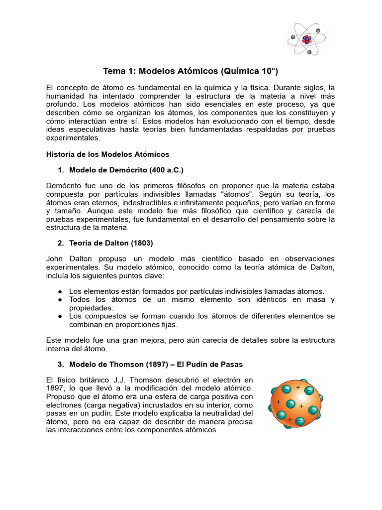 Tema 1_ Modelos Atómicos (Química 10°) | PDF | Átomos | Electrón