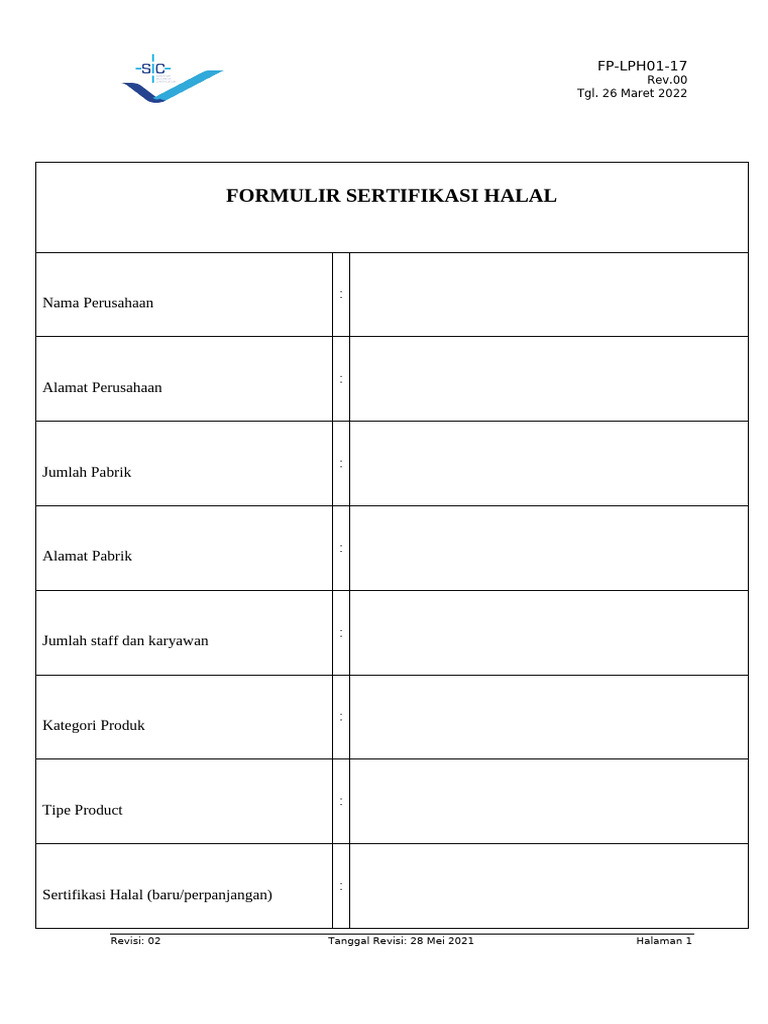 Formulir Pengajuan Sertifikasi Halal | PDF