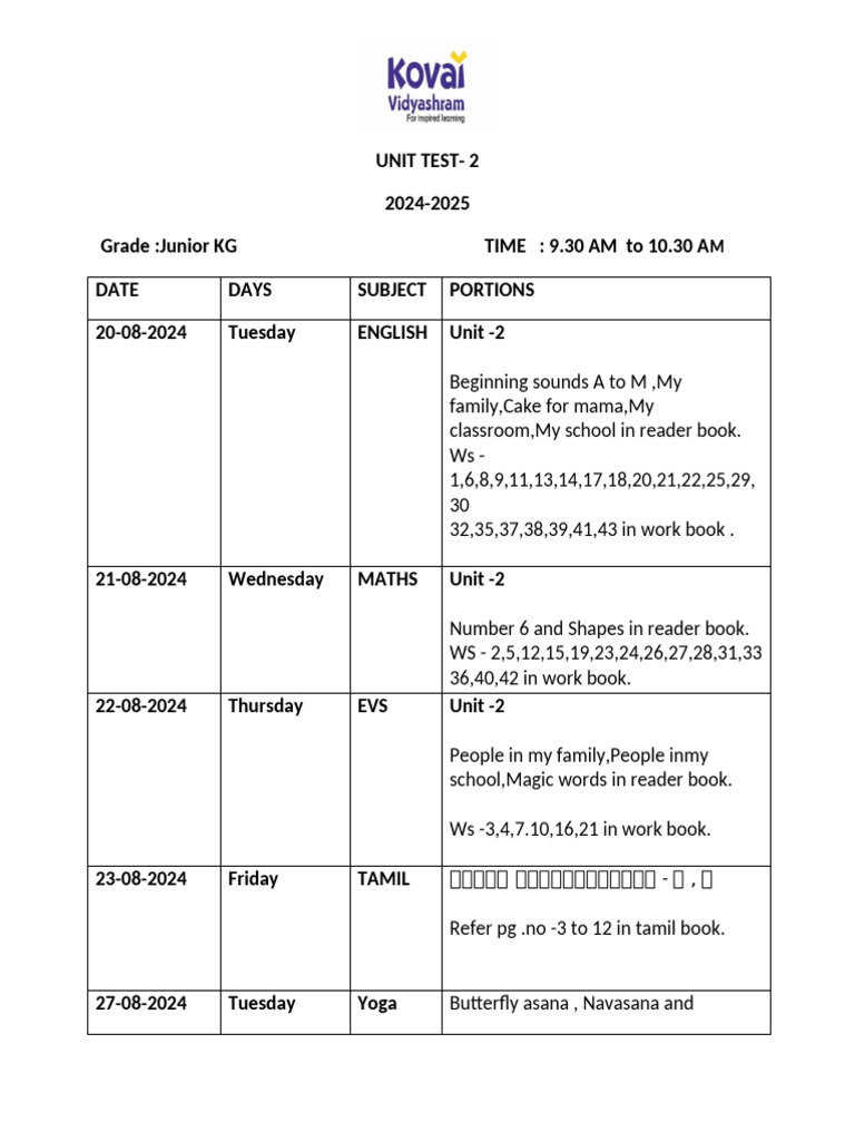 Junior KG Unit 2 Time Table AUG | PDF