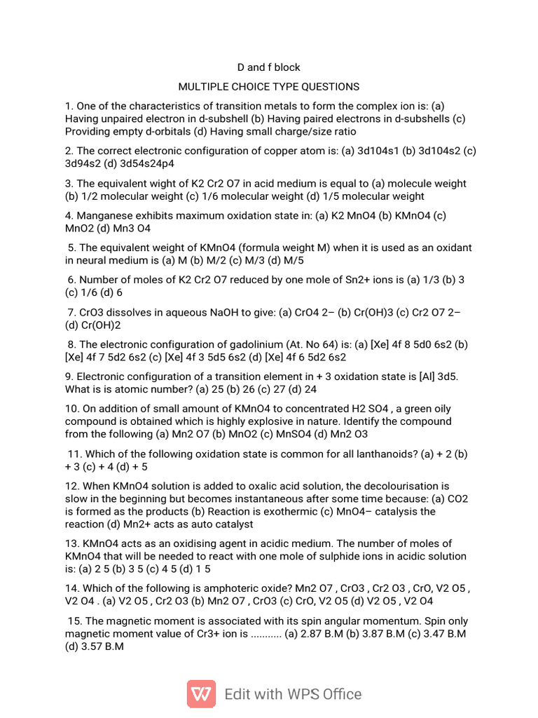 MCQ D and F Block Elements | PDF | Transition Metals | Redox