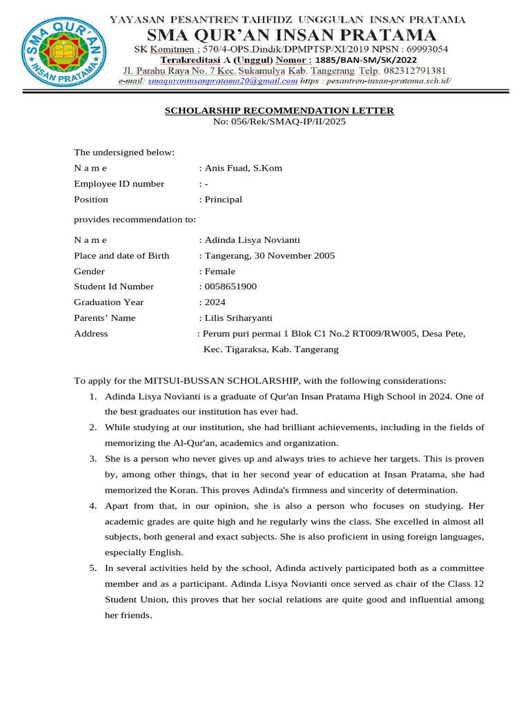 Surat Rekomendasi (English) ADINDA LISYA NOVIANTI | PDF | Human ...