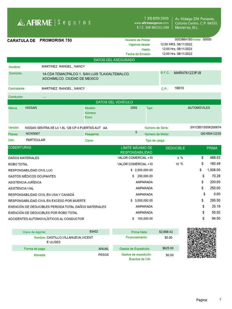 Poliza 3864150 Nissan Sentra Xe Aut 2005 Afirme Nancy Martinez Rangel ...
