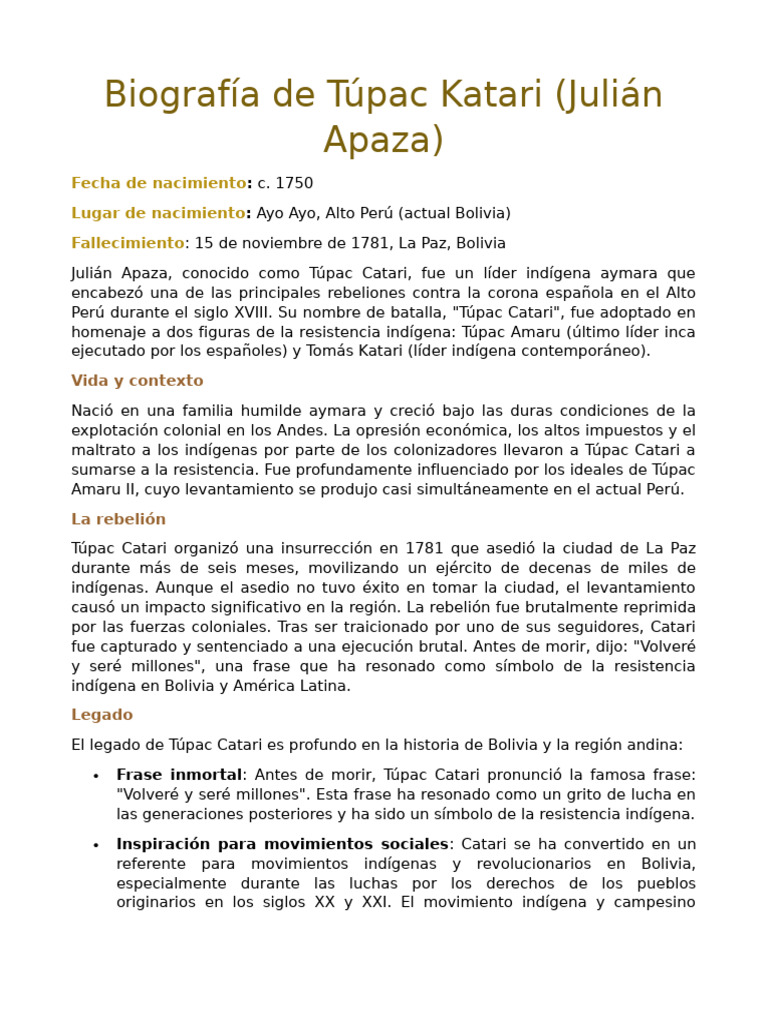 Biografía de Túpac Katari Sociales | PDF | Ejército Zapatista de Liberación Nacional | Chile